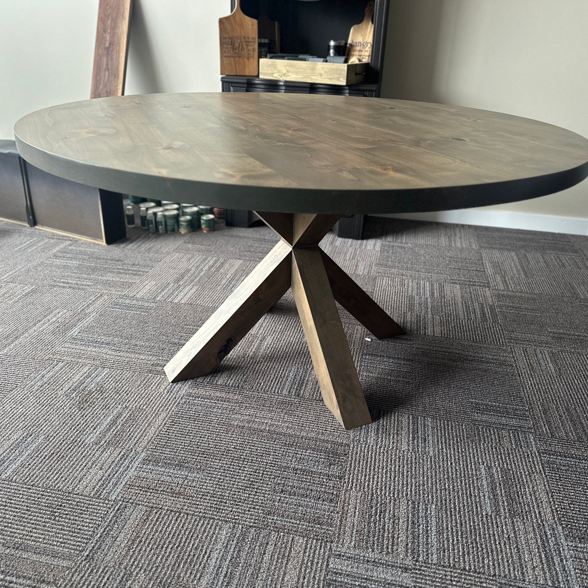 Handcrafted 59" Round Lance Knotty Alder Dining Table – Aged Barrel Fi – Seeds & Sawdust