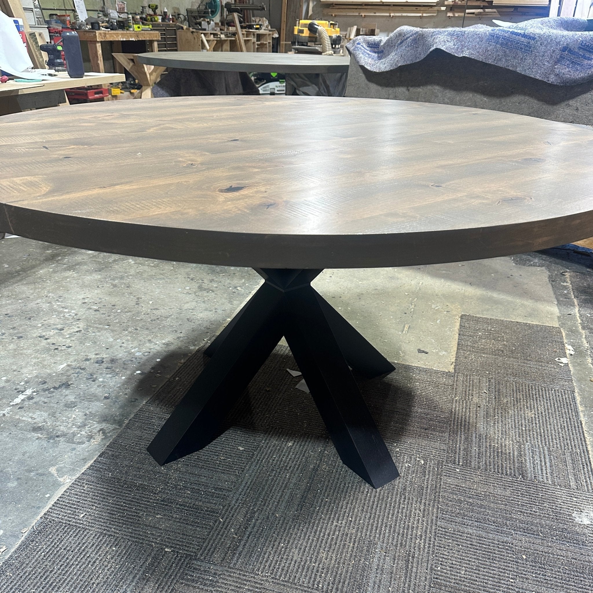 Lance 60″ Round Dining Table | Western Oak Top, Black Base – Seeds ...