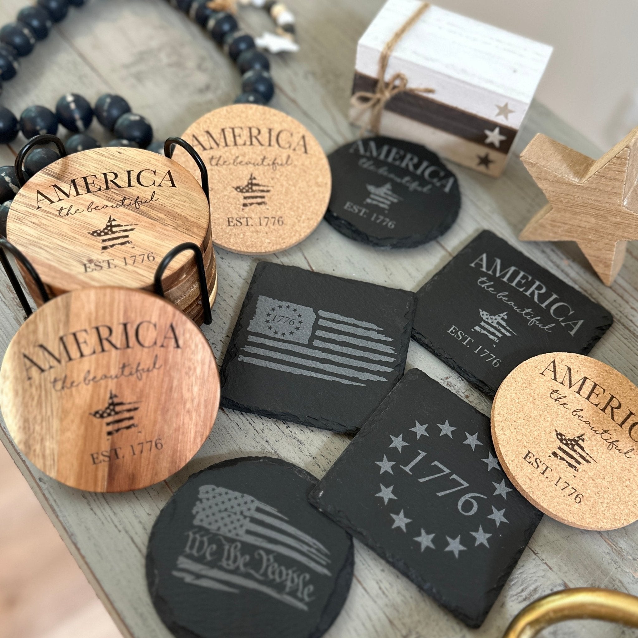 Patriotic American Themed Coaster Set | Slate, Wood or Cork | 4 of Jul ...