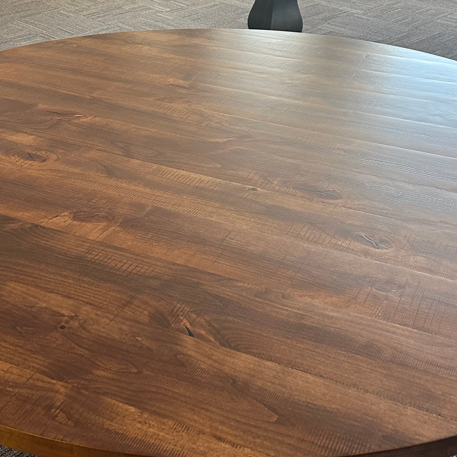 Handcrafted 72" Round Knotty Alder Dining Table – Rustic Saw Marks & S – Seeds & Sawdust